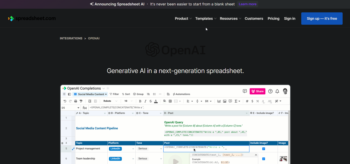 OpenAI in Spreadsheet